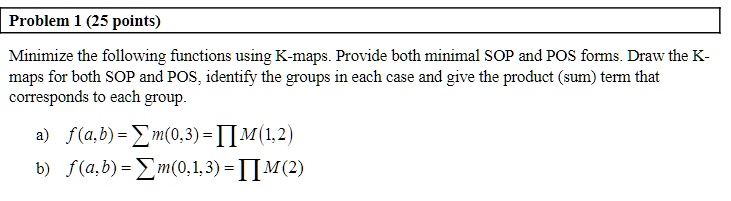 SOLVED: Problem 1 (25 points) Minimize the following functions using K-maps. Provide both ...