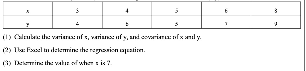 x 3 4 5 6 8 y 4 6 5 7 9 (1) Calculate the variance of x, variance of y ...
