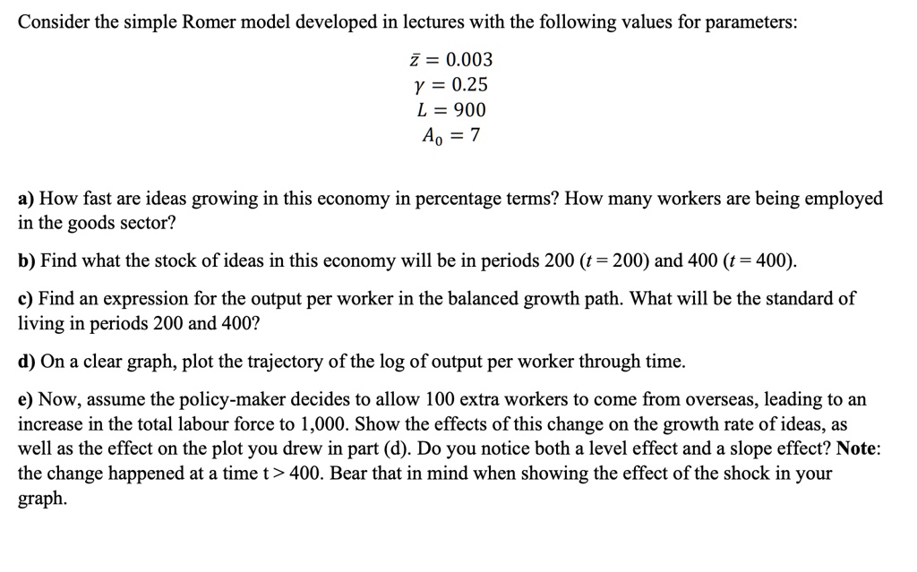SOLVED: 'Consider the simple Romer model developed in lectures with the following values for ...