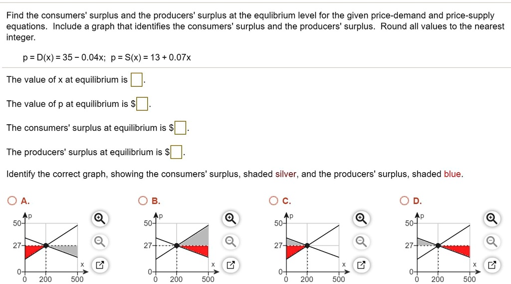 SOLVED: Find the consumers' surplus and the producers' surplus at the ...