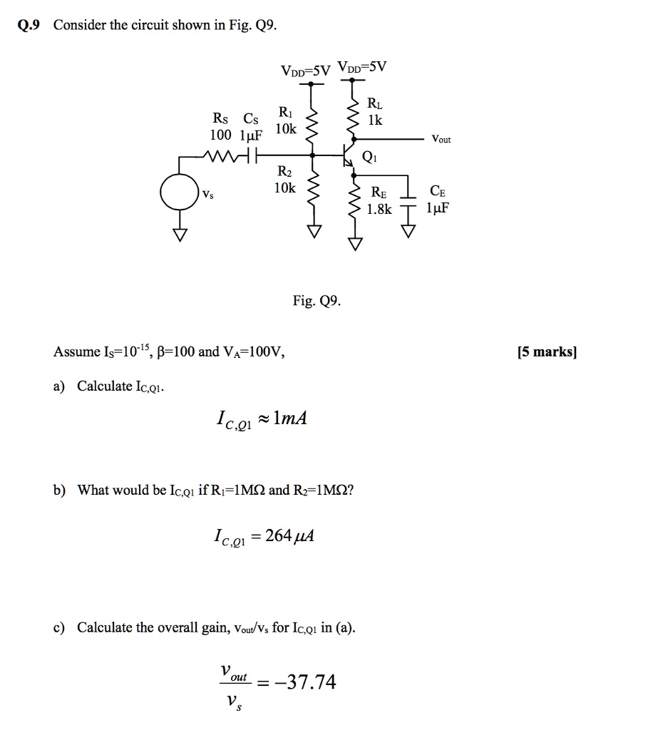 SOLVED: Consider the circuit shown in Fig. Q9. Vpp = 5V, VpD = 5V RL = 1kÎ© Rs, Ri, Cs > 100Î ...