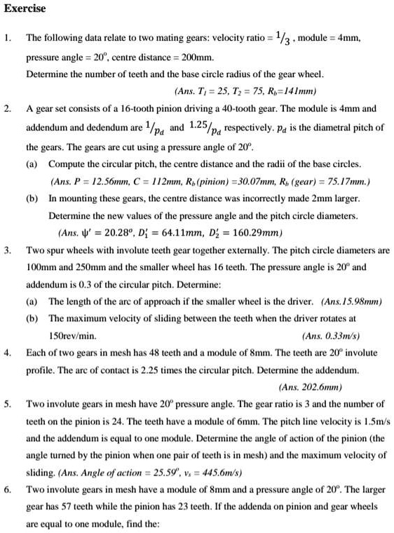 SOLVED: Exercise The following data relates to mating gears: velocity ...