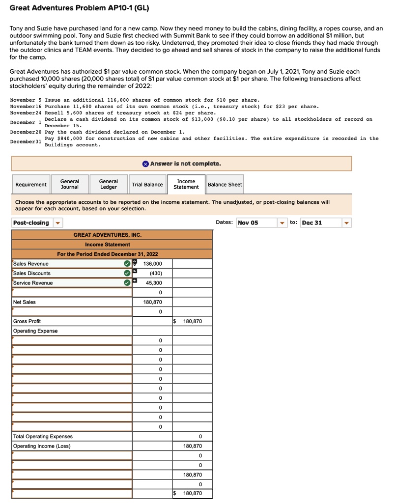 SOLVED: Great Adventures Problem AP10-1(GL) Tony and Suzie have ...