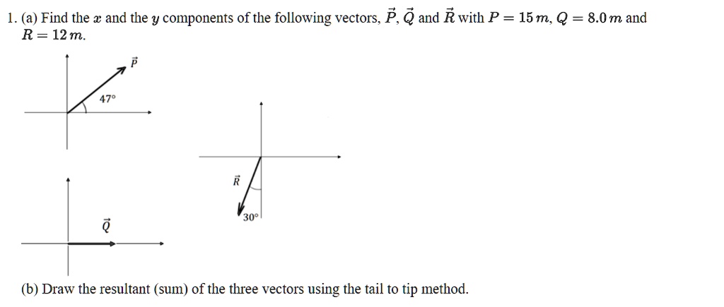 SOLVED: (a) Find the x and the y components of the following vectors P and R, with P = 15m, Q ...