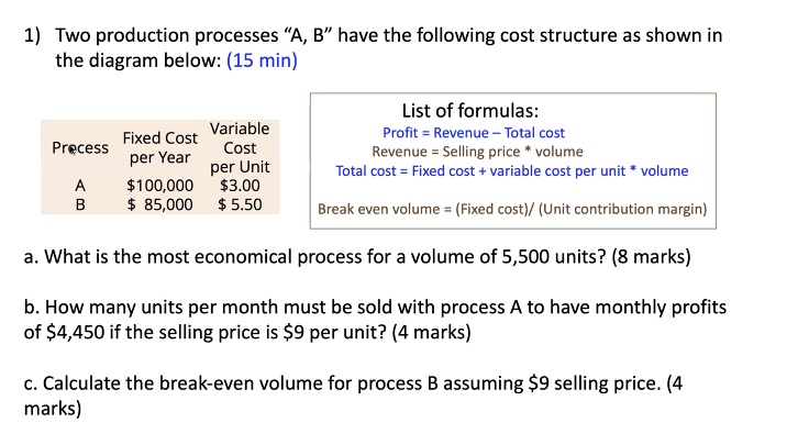 SOLVED: Two production processes "A, B" have the following cost ...