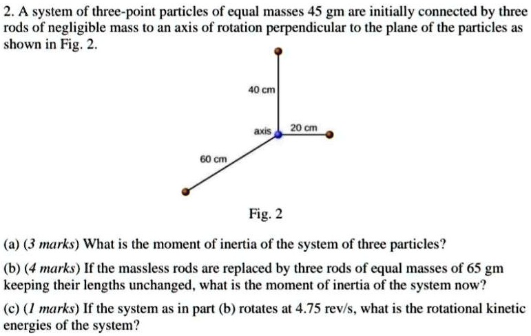 2. A system of three-point particles of equal masses 45 gm are initially connected by three rods ...