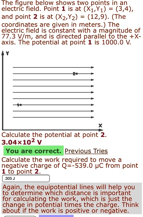 SOLVED: The figure below shows two points in an electric field. Point 1 is at (X1,Y1) (3,4), and ...