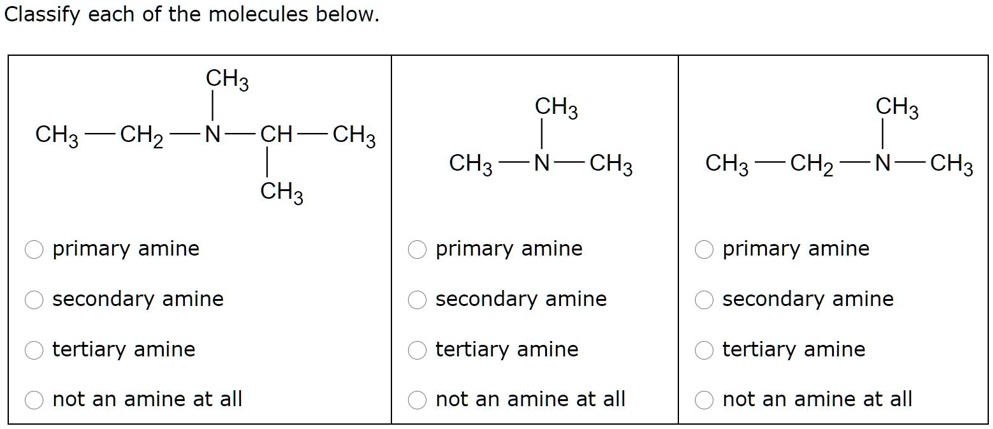 SOLVED: Classify each of the molecules below CH3 CH3 CH3 CH3 CHz CH CH3 CH3 N–CH3 CH3 CH2 N- CH3 ...