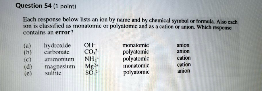SOLVED: Question 54 (1 point) Each response below lists an ion by name ...