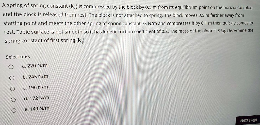 SOLVED: A spring of spring constant (k,) is compressed by the block by 0.5 m from its ...