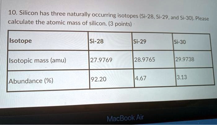 Silicon has three naturally occurring isotopes (Si-28, Si-29, and Si-30 ...