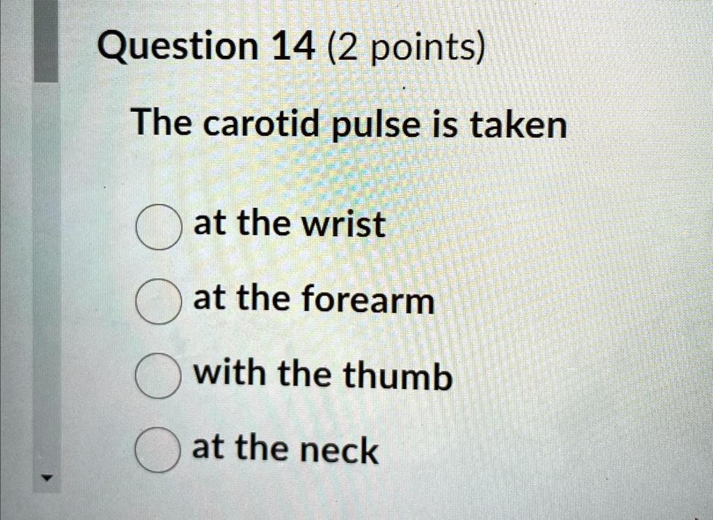 question 14 2 points the carotid pulse is taken at the wrist at the ...