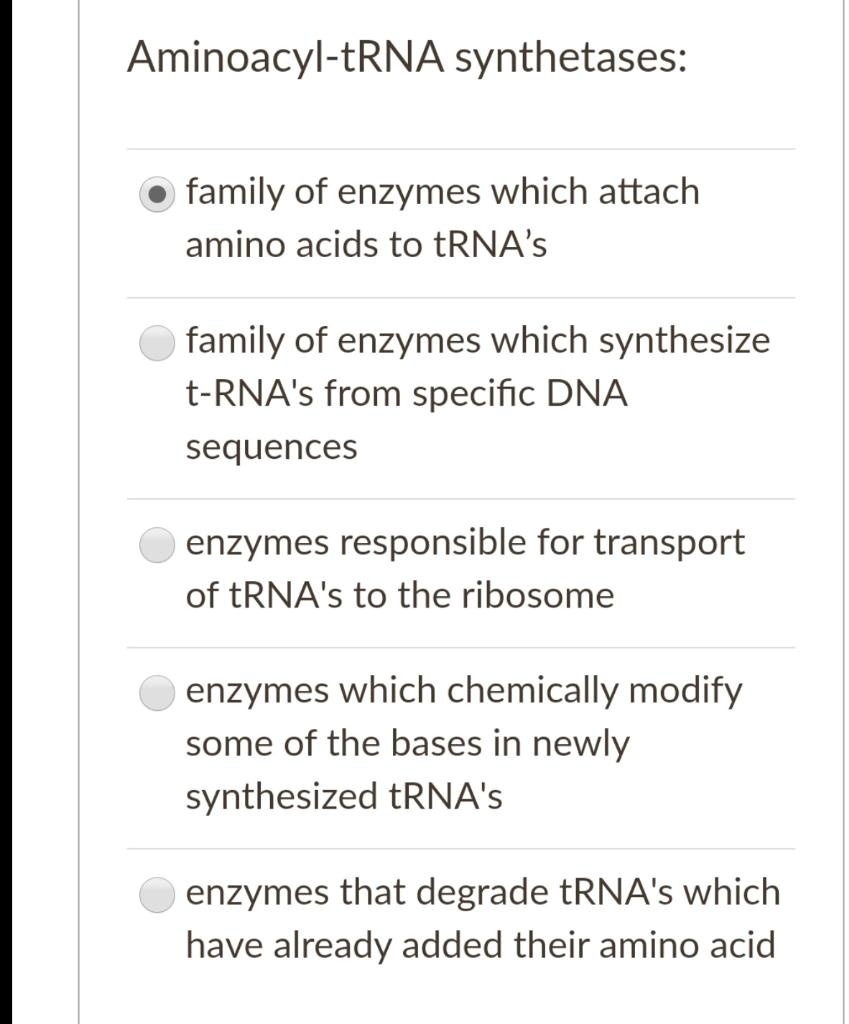 SOLVED: Aminoacyl-tRNA synthetases: family of enzymes which attach ...