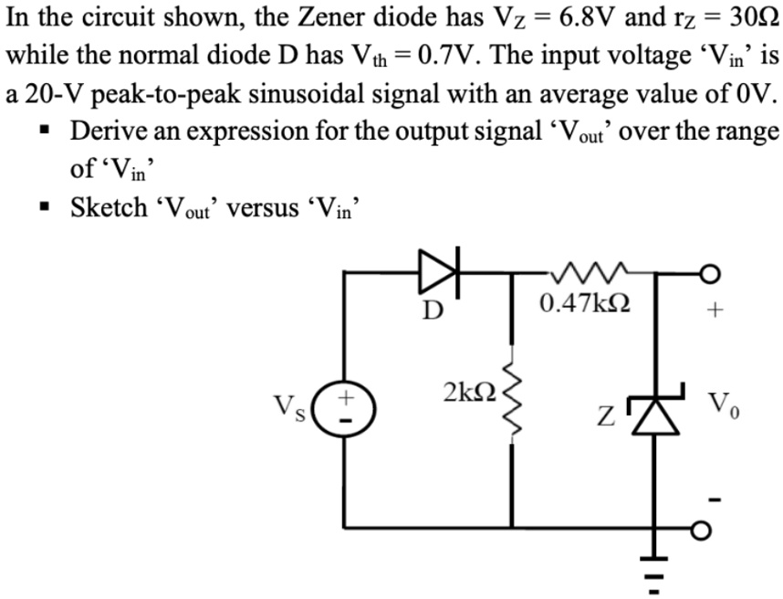 SOLVED: Please solve the problem. In the circuit shown, the Zener diode has Vz = 6.8V and Iz ...