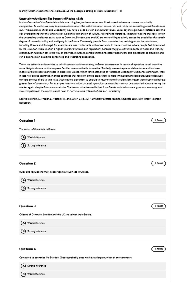 identify whether each inference below about the passage is strong or ...