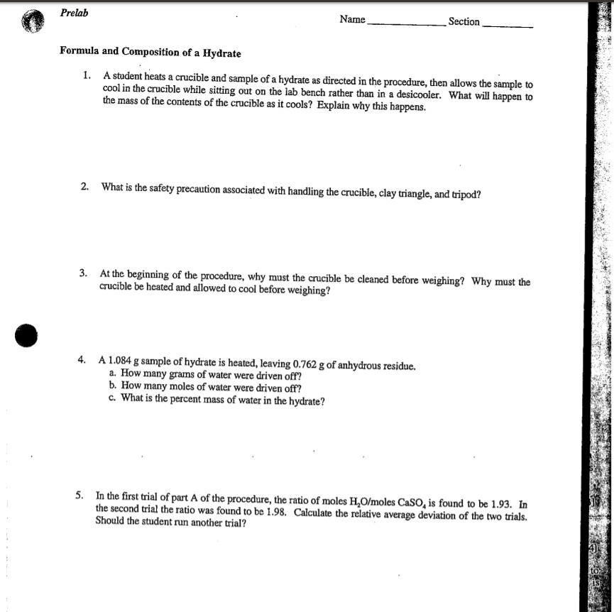 prelab name section formula and composition of hydrate a student heats ...