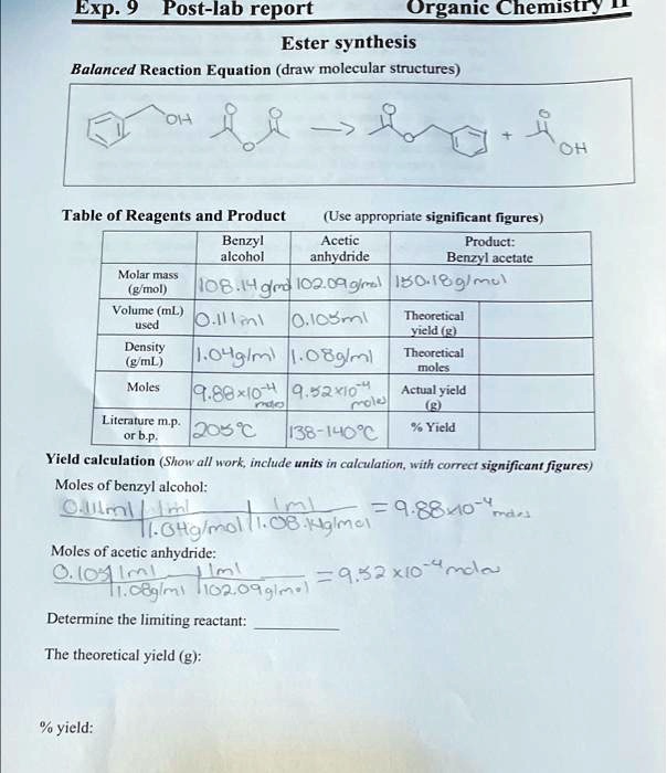 Solved Post Lab Report Organic Chemistry Ester Synthesis Balanced Reaction Equation Draw