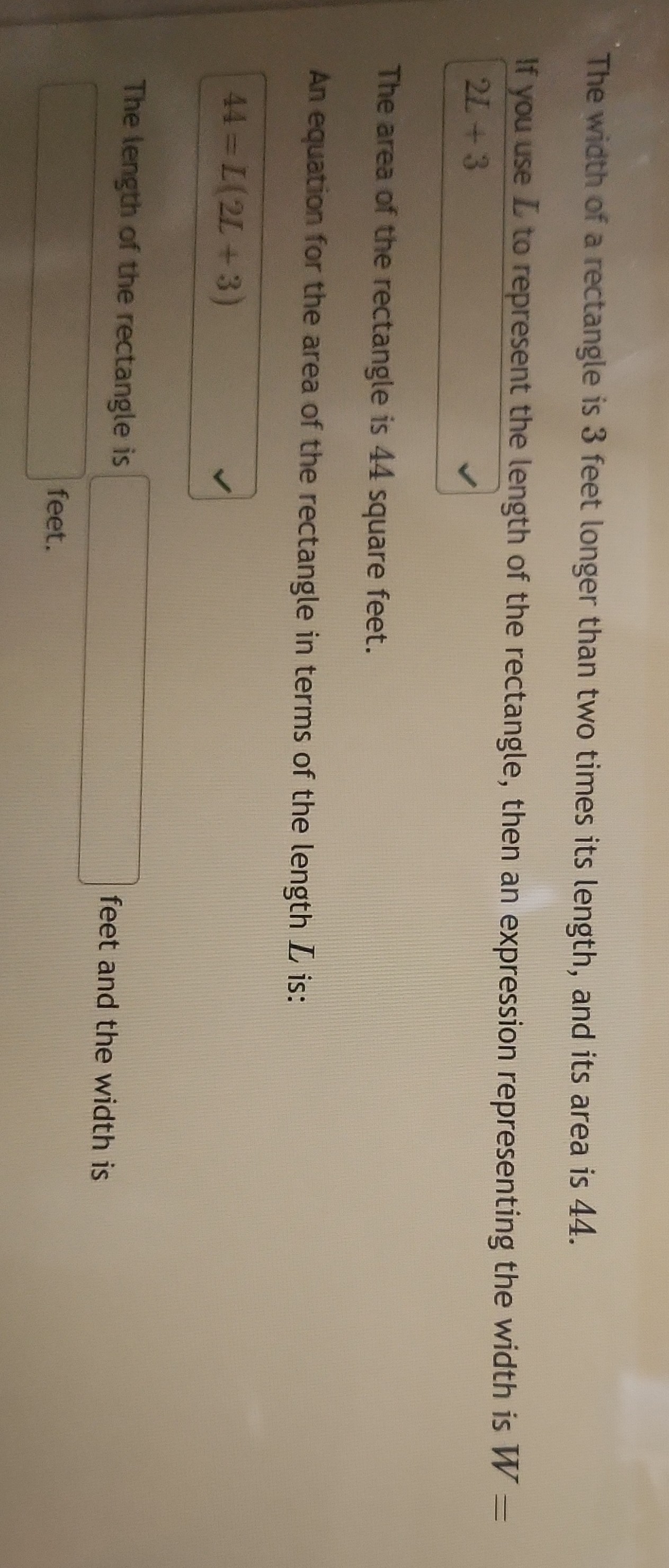 SOLVED: The width of a rectangle is 3 feet longer than two times its ...