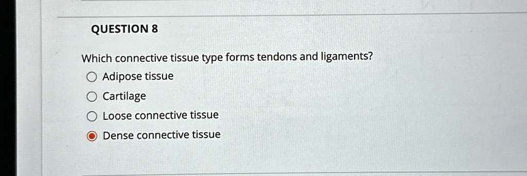 QUESTION 8 Which connective tissue type forms tendons and ligaments ...