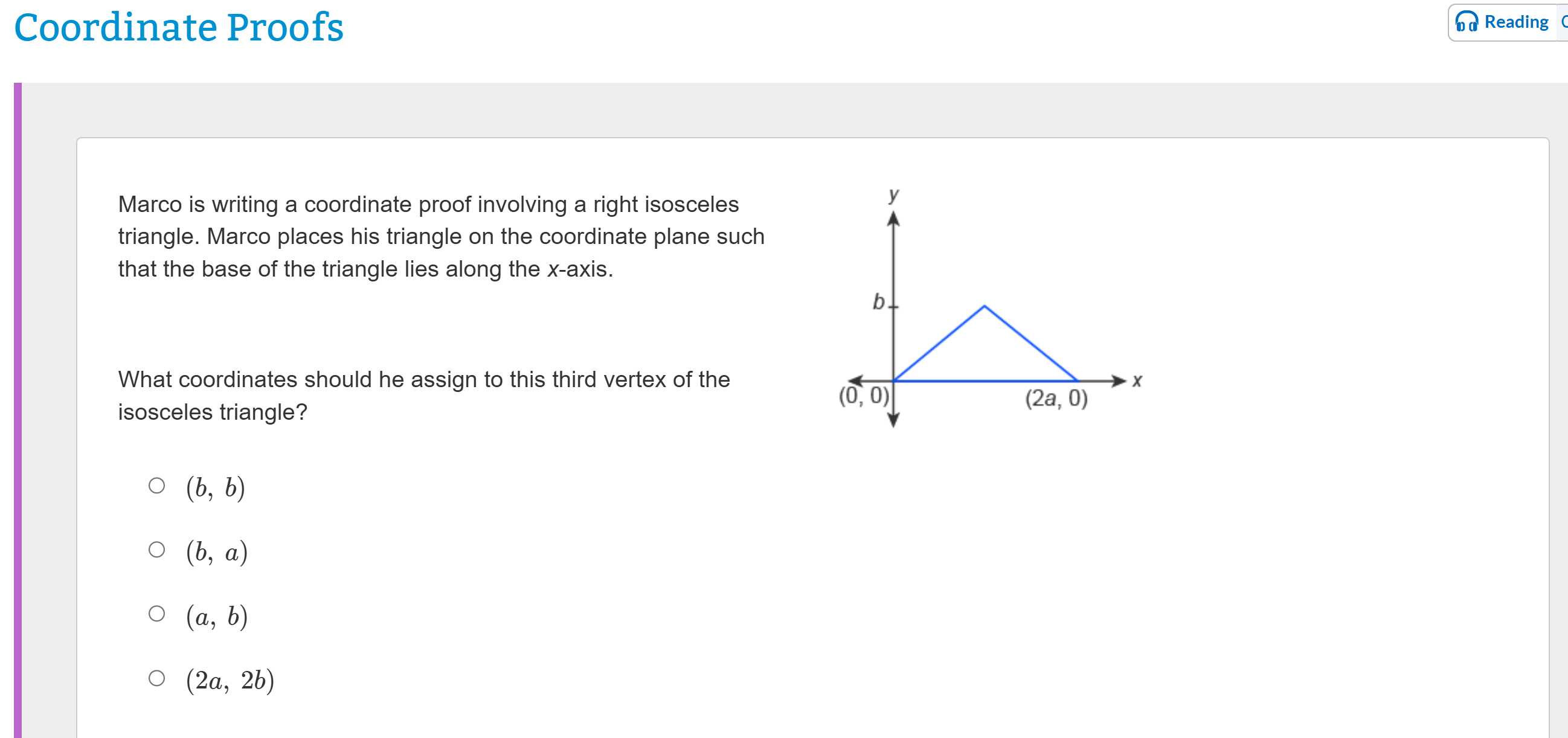 Coordinate Proofs Reading Marco is writing a coordinate proof involving ...