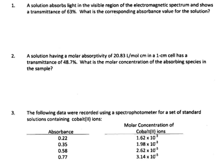1. A solution absorbs light in the visible region of the ...