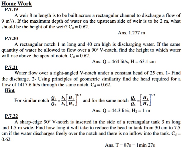 P.7.19 A weir 8 m length is to be built across a rectangular channel to ...