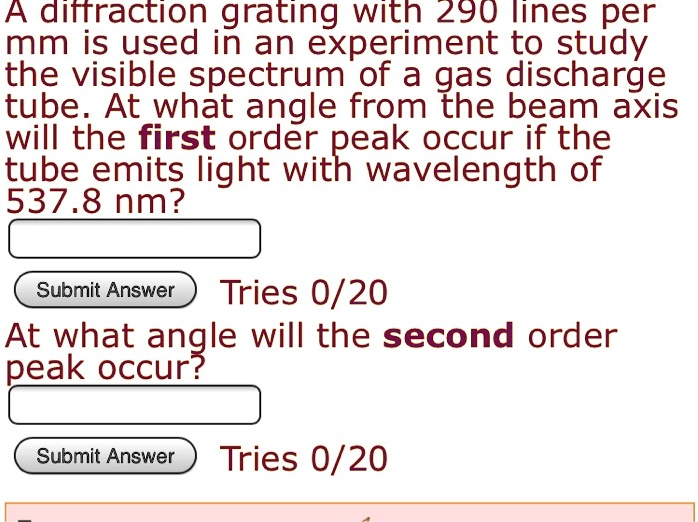 A diffraction grating with 290 lines per mm is used in an experiment to study the visible ...