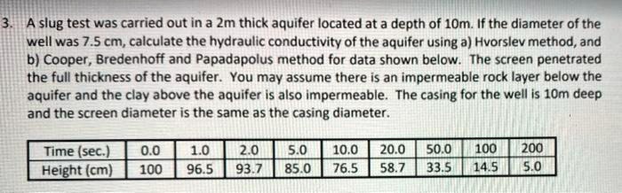 SOLVED: A slug test was carried out in a 2m thick aquifer located at a ...