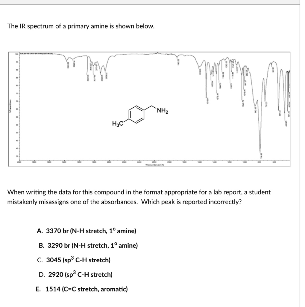 SOLVED: The IR spectrum of a primary amine is shown below: NH2 H3C When ...