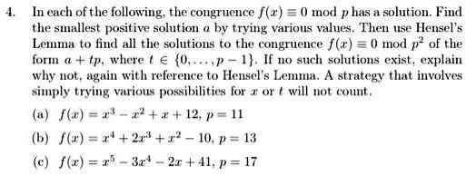 SOLVED: In each of the following congruences, the congruence f=0 mod p ...