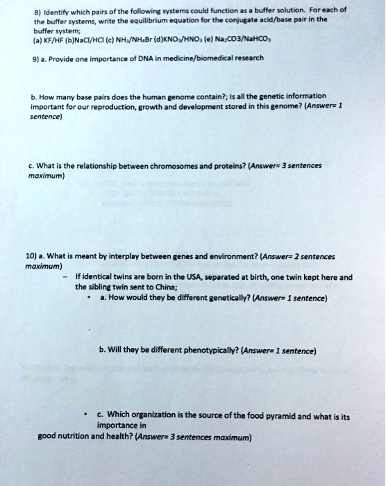 SOLVED: Identify which pairs of the following systems could function buffer solution For each of ...
