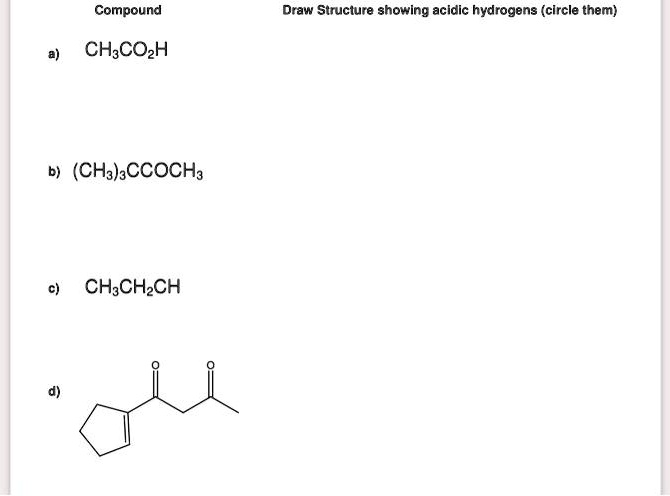 SOLVED: Compound Draw Structure showing acidic hydrogens (circle them ...