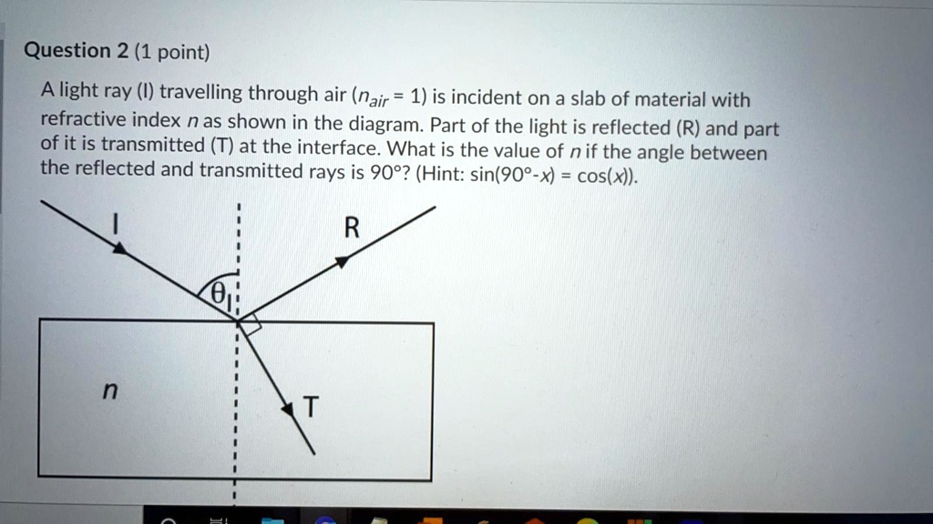 Question 2 (1 point) A light ray (I) travelling through air (nair = 1 ...