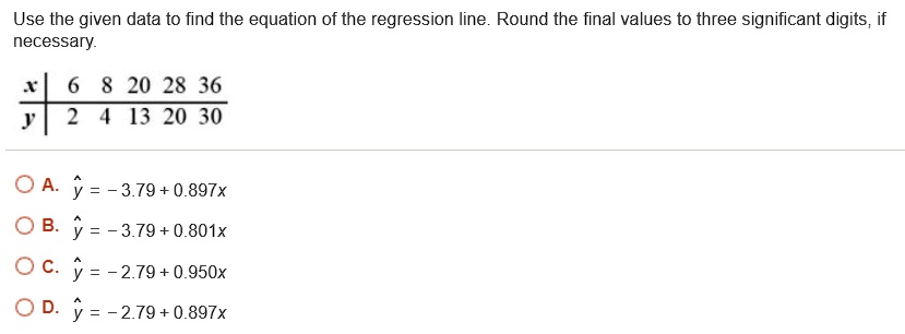 SOLVED: Use the given data to find the equation of the regression line ...