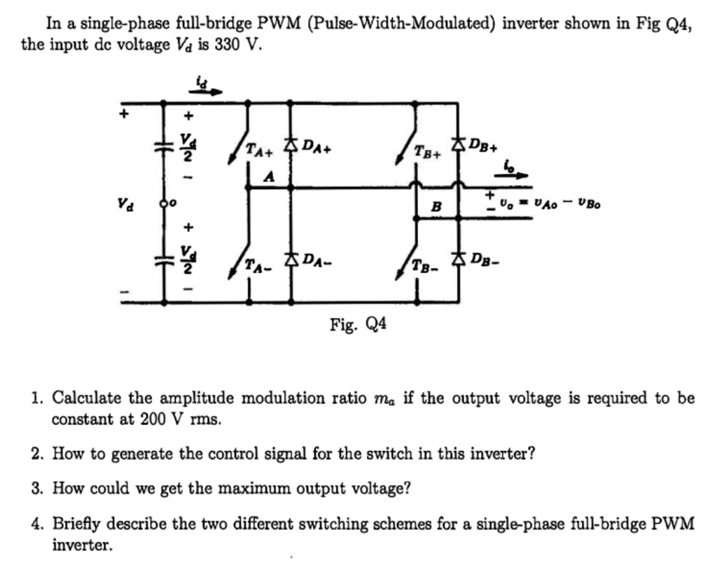 SOLVED: In a single-phase full-bridge PWM (Pulse-Width-Modulated) inverter shown in Fig Q4, the ...