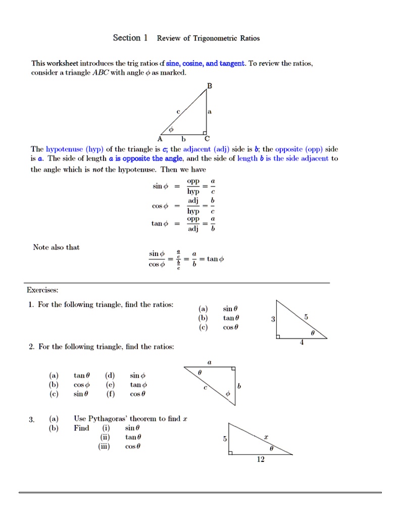 section 1 review of trigonometric ratios this worksheet introduces the ...