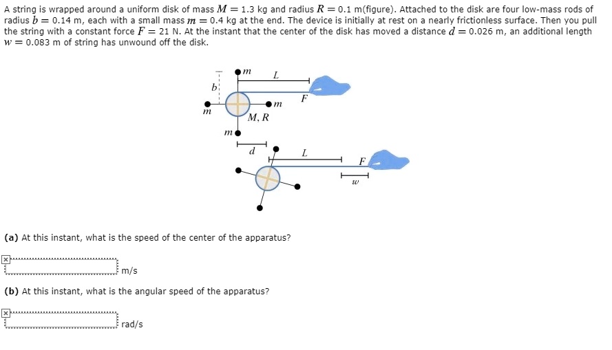 string is wrapped around uniform disk of mass m 13kg and radius r 01 mfigure attached to the ...