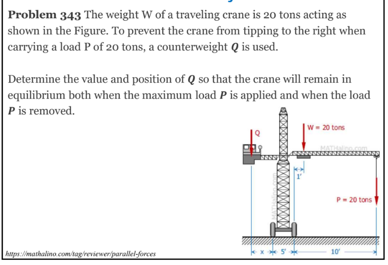 Problem 343 The weight W of a traveling crane is 20 tons acting as ...