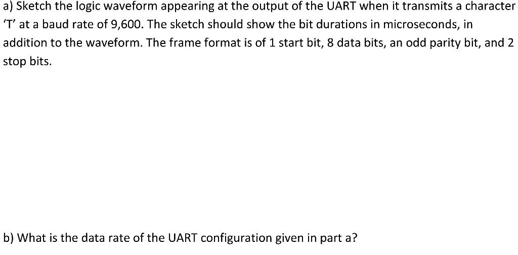 SOLVED: a) Sketch the logic waveform appearing at the output of the UART when it transmits a ...