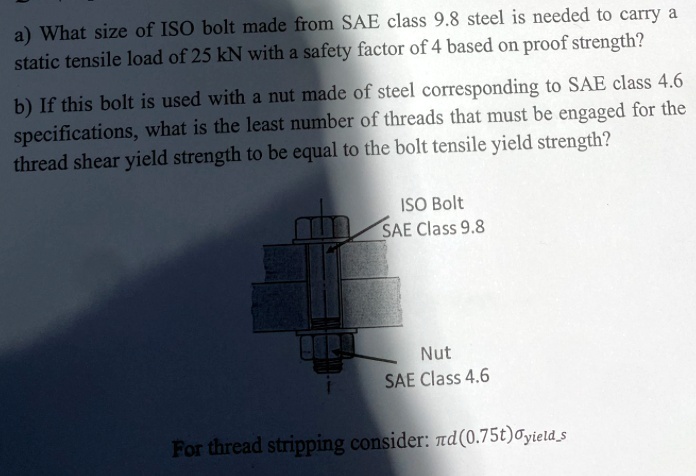 SOLVED: a) What size of ISO bolt made from SAE class 9.8 steel is ...
