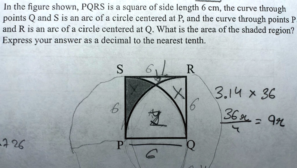 in the figure shown pqrs is a square of side length 6 cm the curve ...