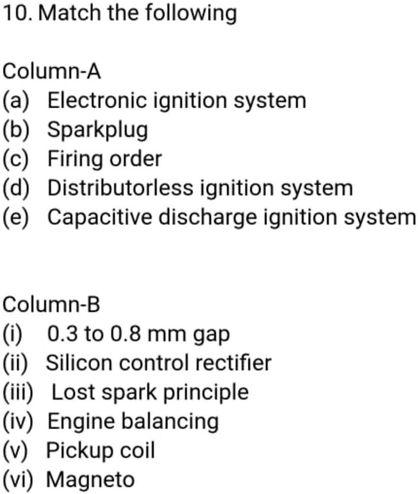 10. Match the following Column-A (a) Electronic ignition system (b ...