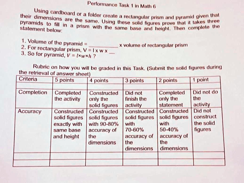 Performance Task 1 in Math 6 Using cardboard or a folder, create a rectangular prism and pyramid ...