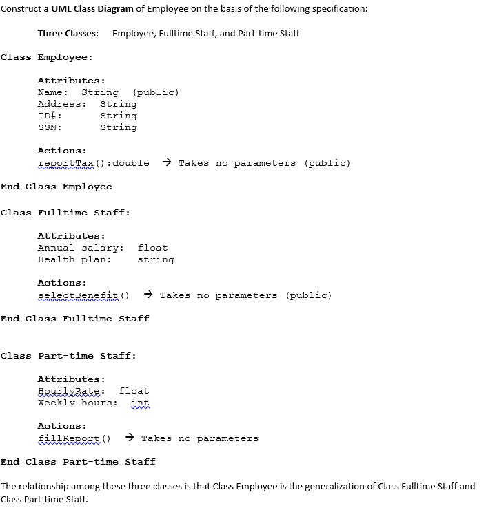 Construct a UML Class Diagram of Employee on the basis of the following specification: Three ...