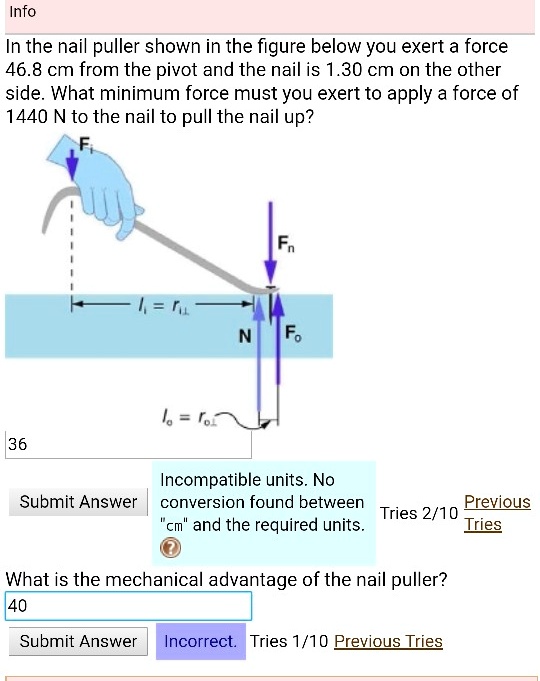 info in the nail puller shown in the figure below you exert a force 468 ...
