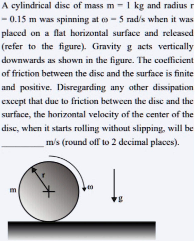A cylindrical disc of mass m = 1 kg and radius r = 0.15 m was spinning ...