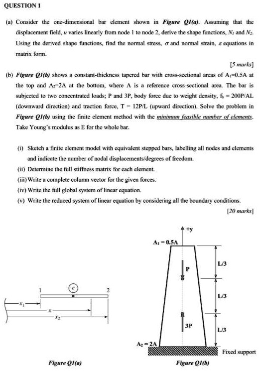 QUESTION 1 (a) Consider the one-dimensional bar element shown in Figure Q1(a). Assuming that the ...