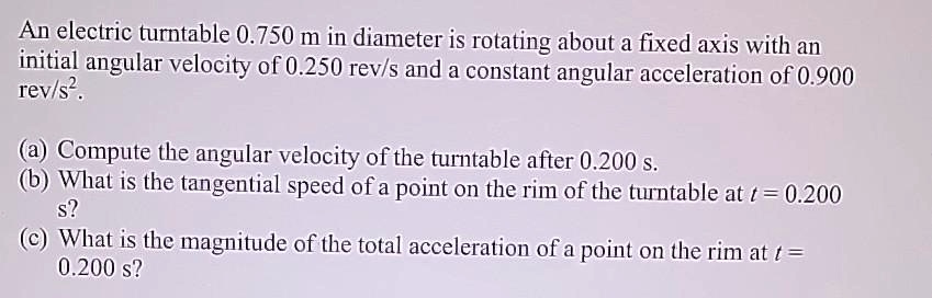 An Electric Turntable 0 750 M In Diameter Is Rotating About A Fixed Axis With An Initial Angular