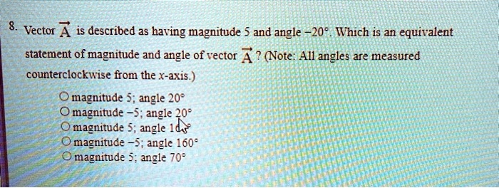 SOLVED: Vector A described as baving magnitude and angle -2O:. Which is ...