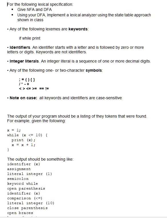 SOLVED: For the following lexical specification: Give NFA and DFA. Using your DFA, implement a ...